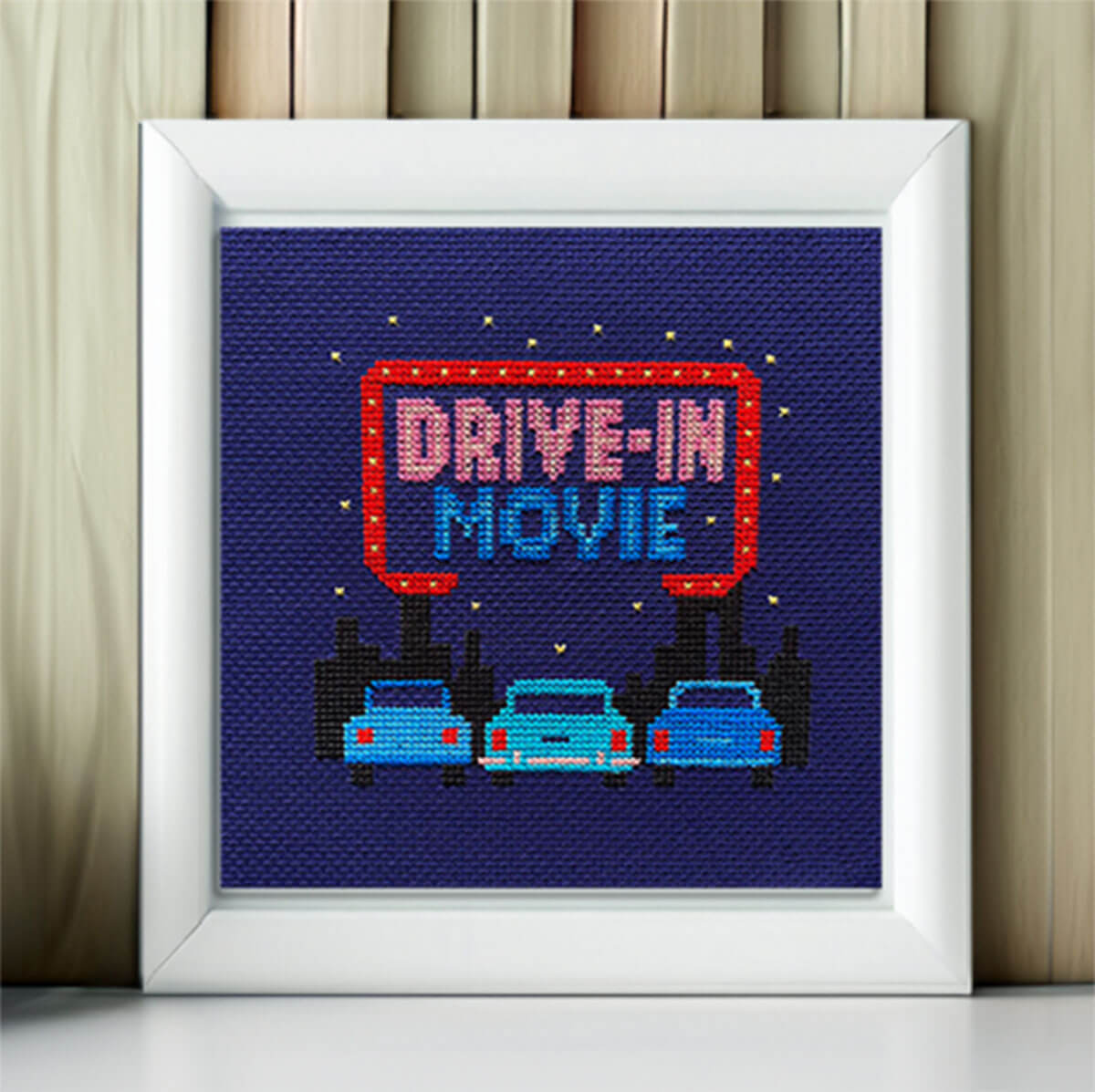 Drive-In Movie Cross Stitch Kit – Retro Neon Beginner Design