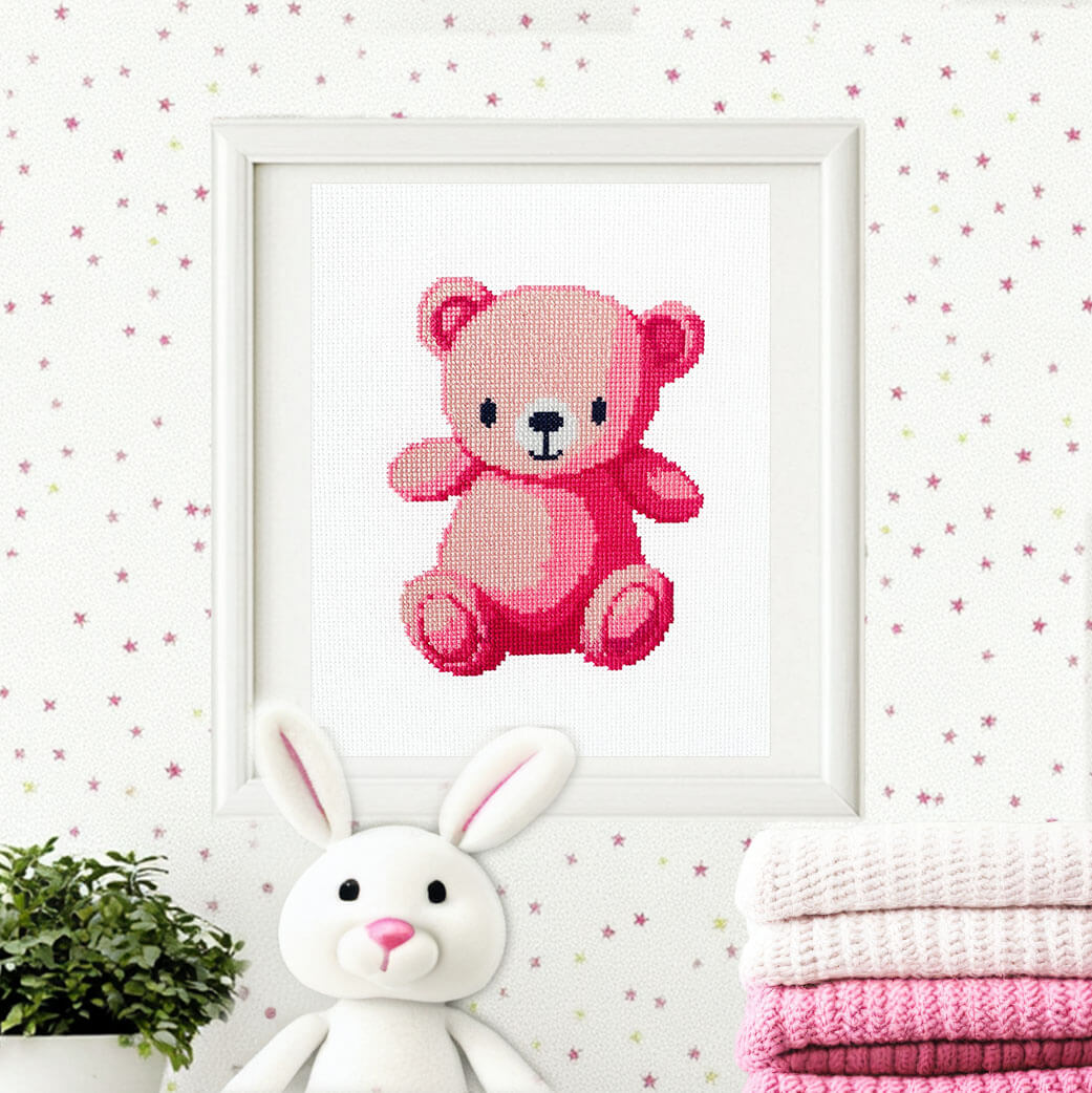 Pink Bear Cross Stitch Kit – Easy Embroidery for Nursery Decor